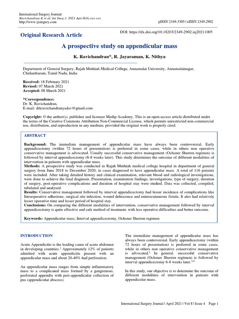 A Prospective Study On Appendicular Mass | PDF | Surgery | Health Sciences