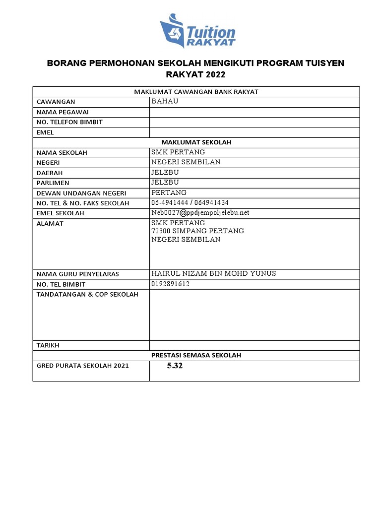 Borang Tuisyen Rakyat | PDF
