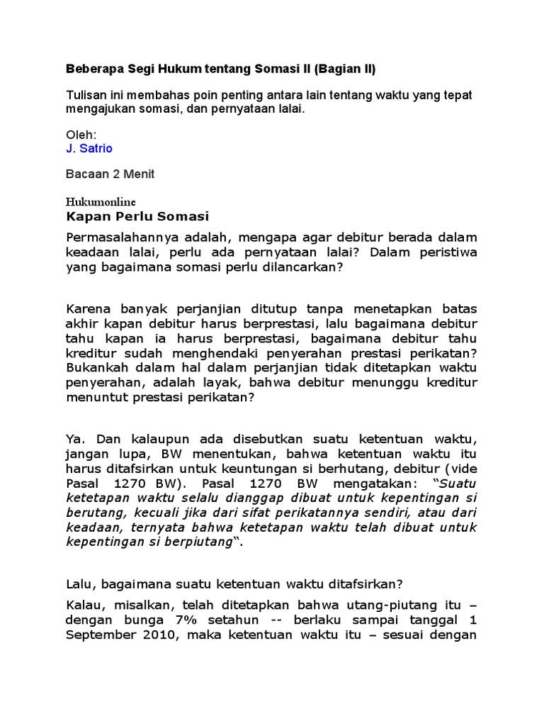 Beberapa Segi Hukum Tentang Somasi II | PDF