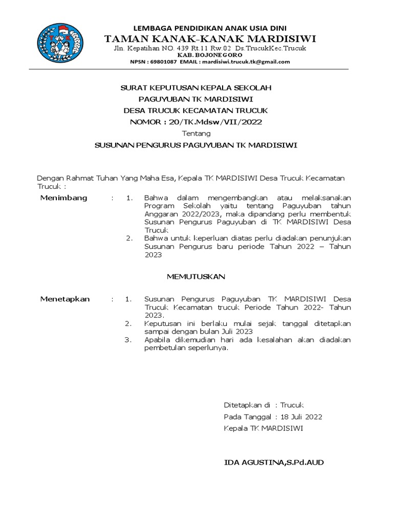Surat Keputusan Kepala Sekolah | PDF