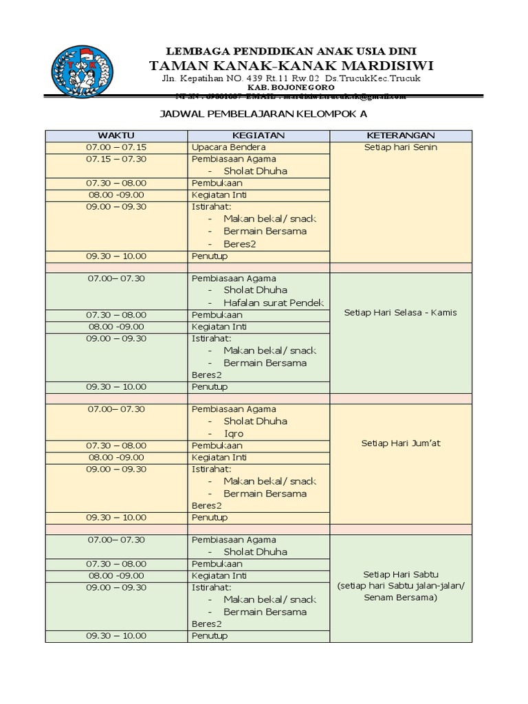 Jadwal Pembelajaran Di TK | PDF