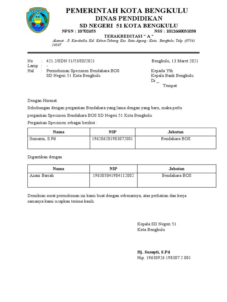 Surat Permohonan Pergantian Bendahara BOS | PDF