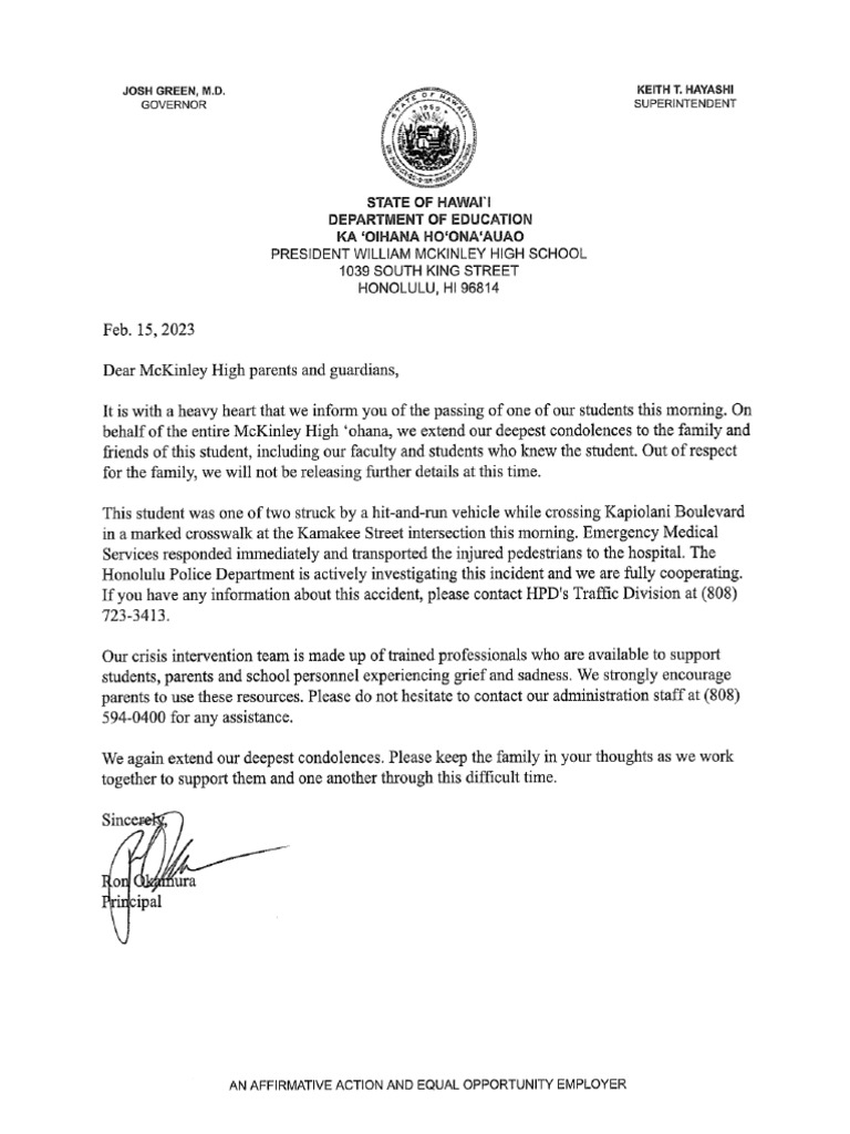 Mckinley High School Letter Regarding Traffic Fatality | PDF