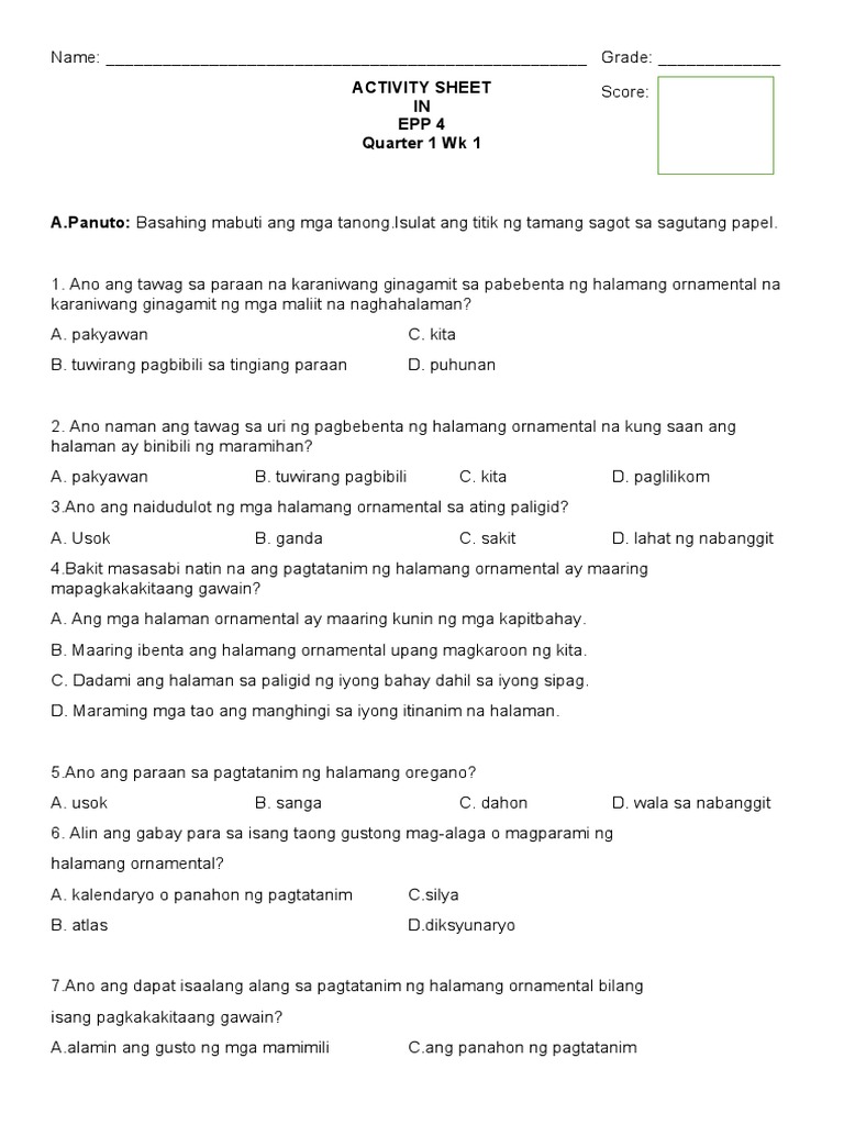 Activity Sheet EPP q1 Wk 1 | PDF