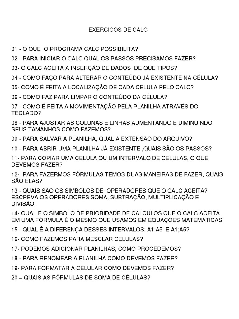 Introdução aos principais exercícios do programa Calc | PDF