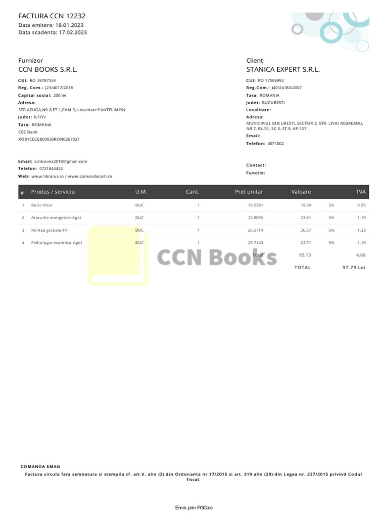 Factura CCN 12232: Furnizor Client | PDF