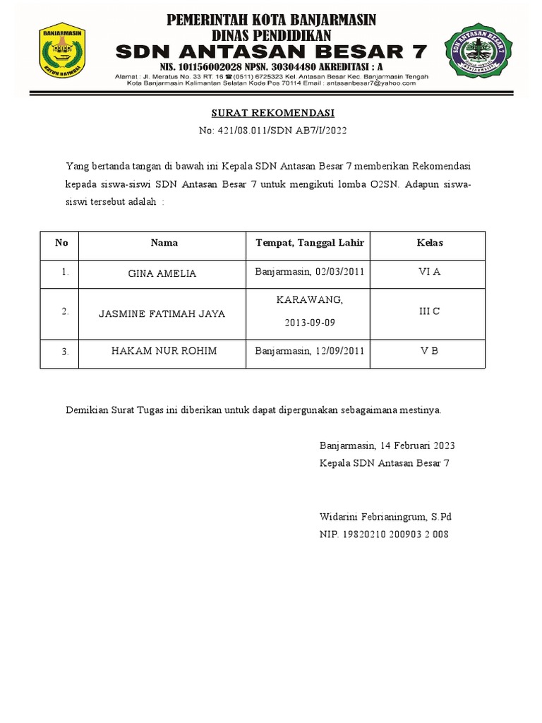 Surat Rekomendasi Lomba | PDF