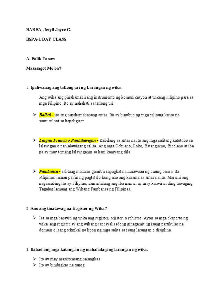 BARBA- FILIPINO 1 BALIK TANAW | PDF