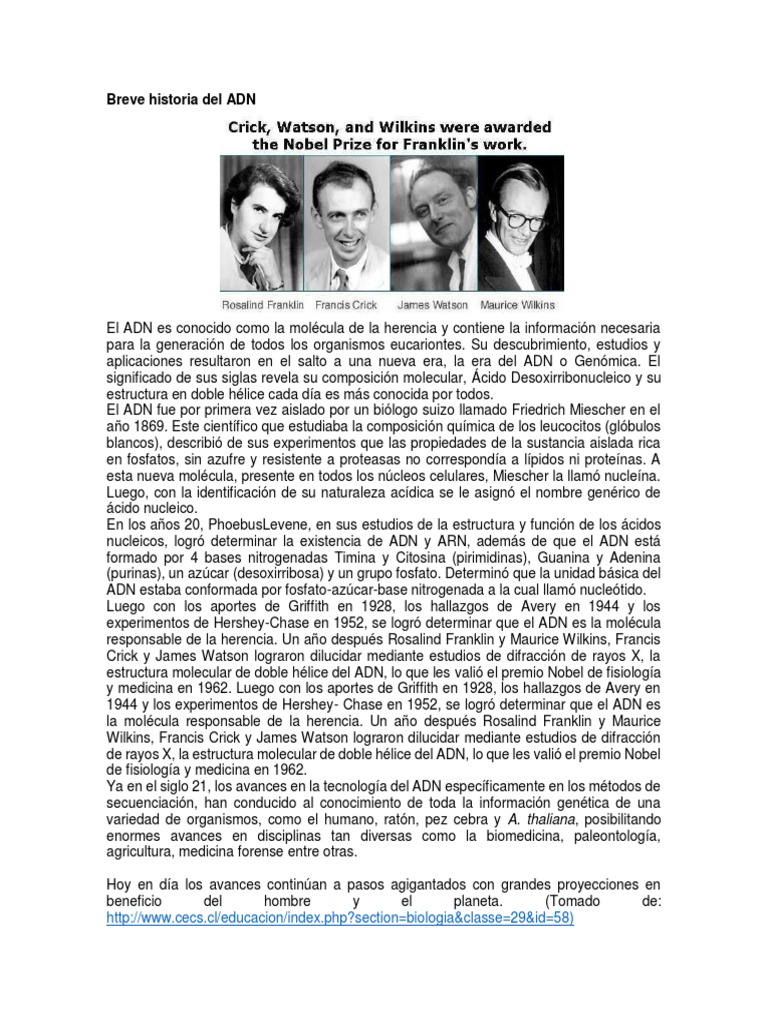 Breve historia del ADN | PDF | Adn | Francis Crick