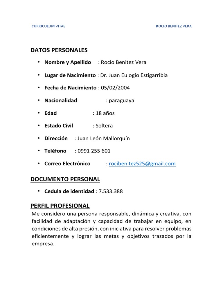 Datos Personales: Curriculum Vitae Rocio Benitez Vera | PDF