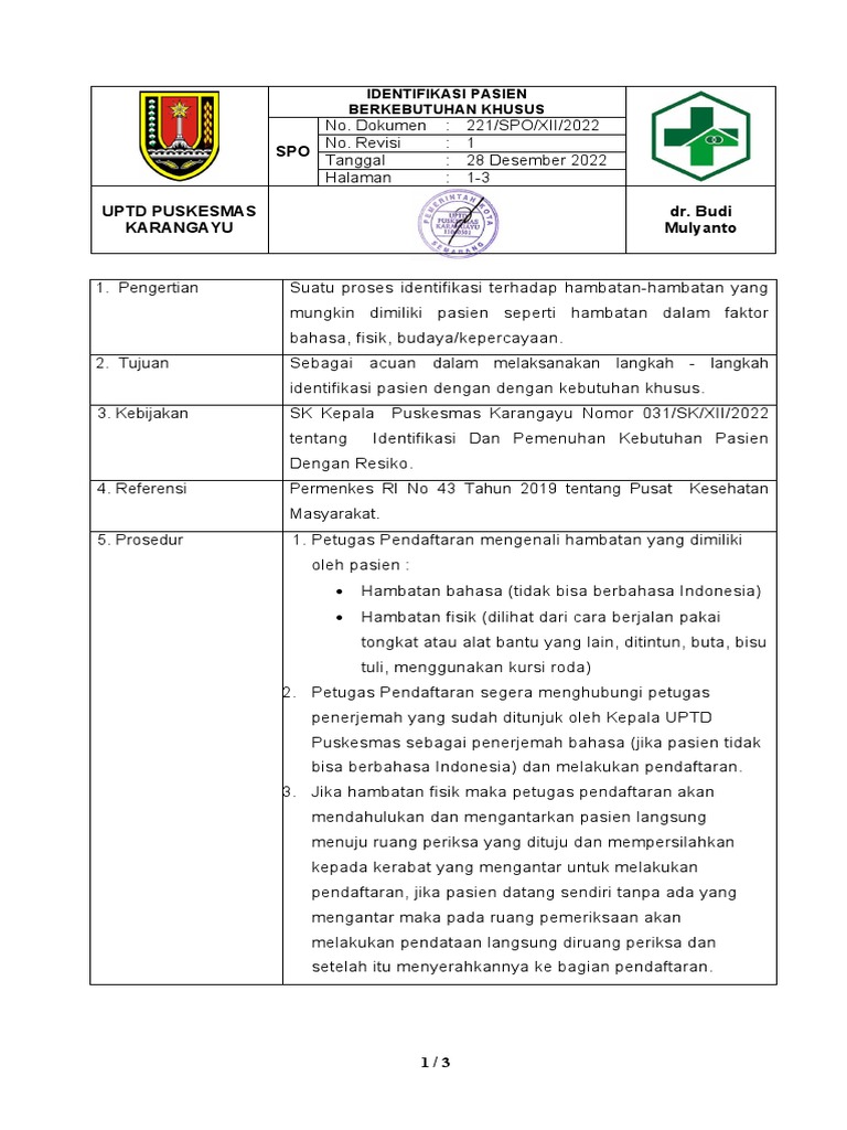 3.1.1.1 Spo Identifikasi Pasien DHN Kebutuhan Khusus New | PDF