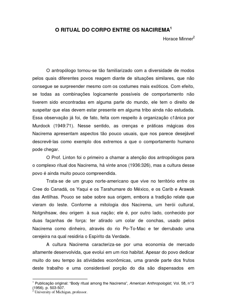 O Ritual Do Corpo Entre Os Nacirema (Horace Miner) | PDF | Rituais | Boca