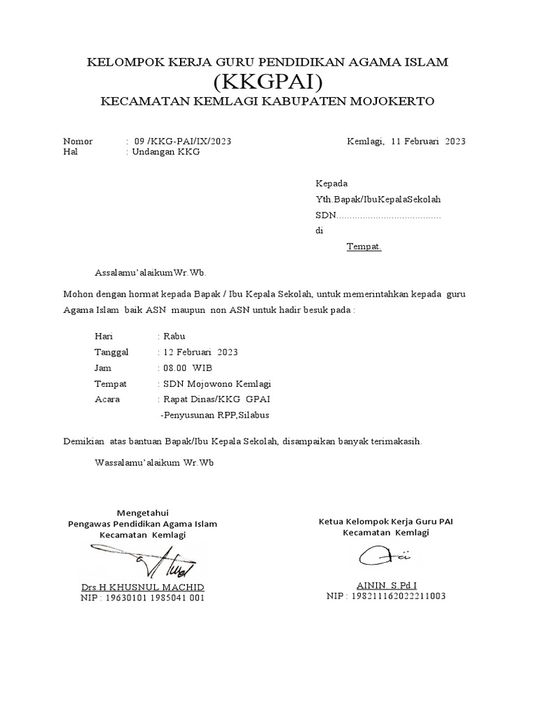 Contoh Undangan KKG PAI | PDF