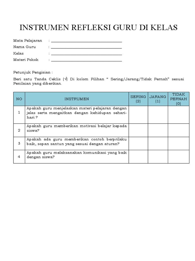 Instrumen Refleksi Guru Di Kelas | PDF | Seni & Disiplin Bahasa