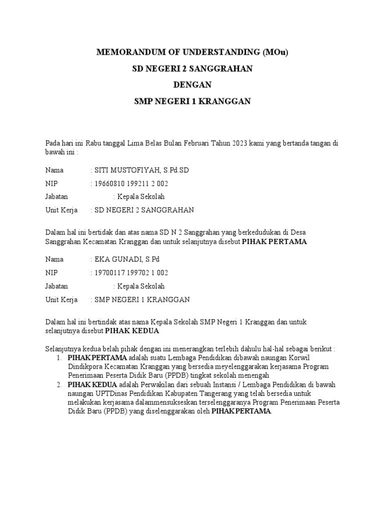 Memorandum of Understanding (Mou) SD Negeri 2 Sanggrahan Dengan SMP Negeri 1 Kranggan | PDF ...