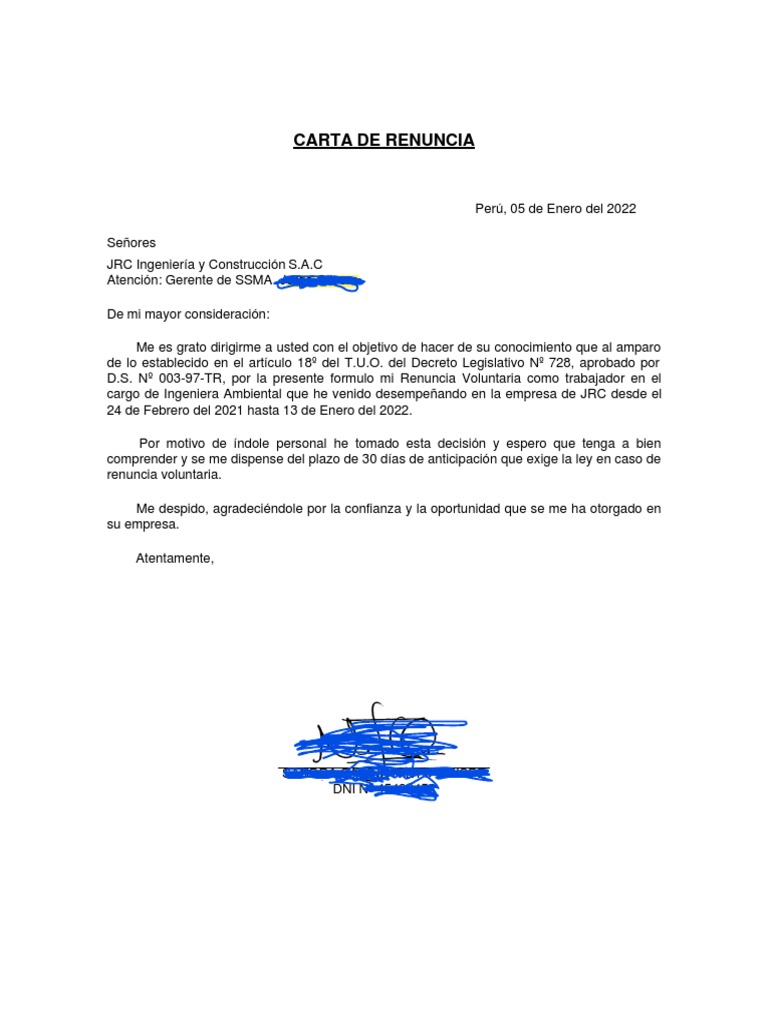 CARTA DE RENUNCIA JRC Sandra V | PDF