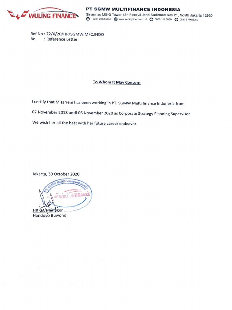 Reference Letter Wuling Finance | PDF