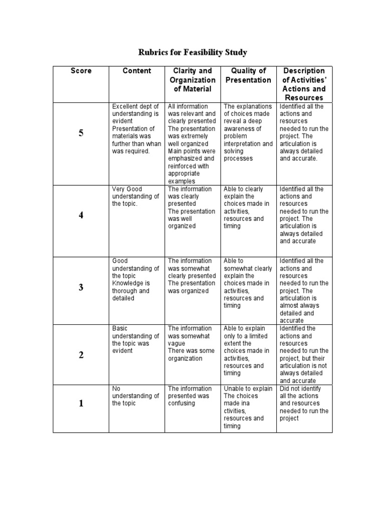 Rubrics For Feasibility Study | PDF | Information | Understanding