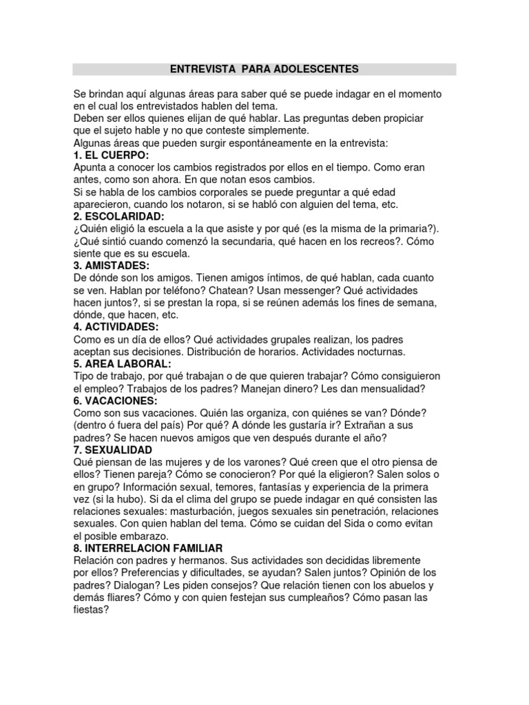 ENTREVISTA PARA ADOLESCENTES - Subir | PDF | Adolescencia | Sexualidad
