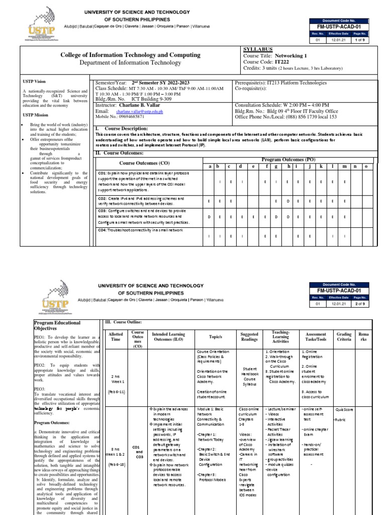 IT222 Networking1 Syllabus | PDF | Computer Network | I Pv6