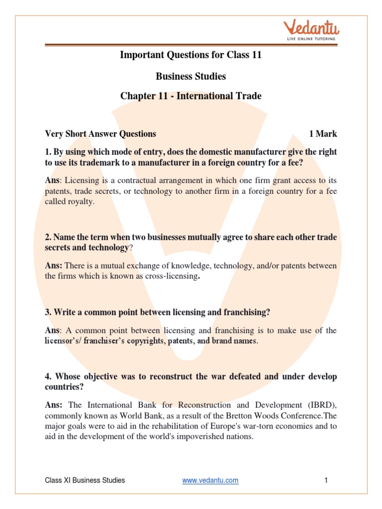 Important Questions For CBSE Class 11 Business Studies Chapter 11 | PDF | World Trade ...