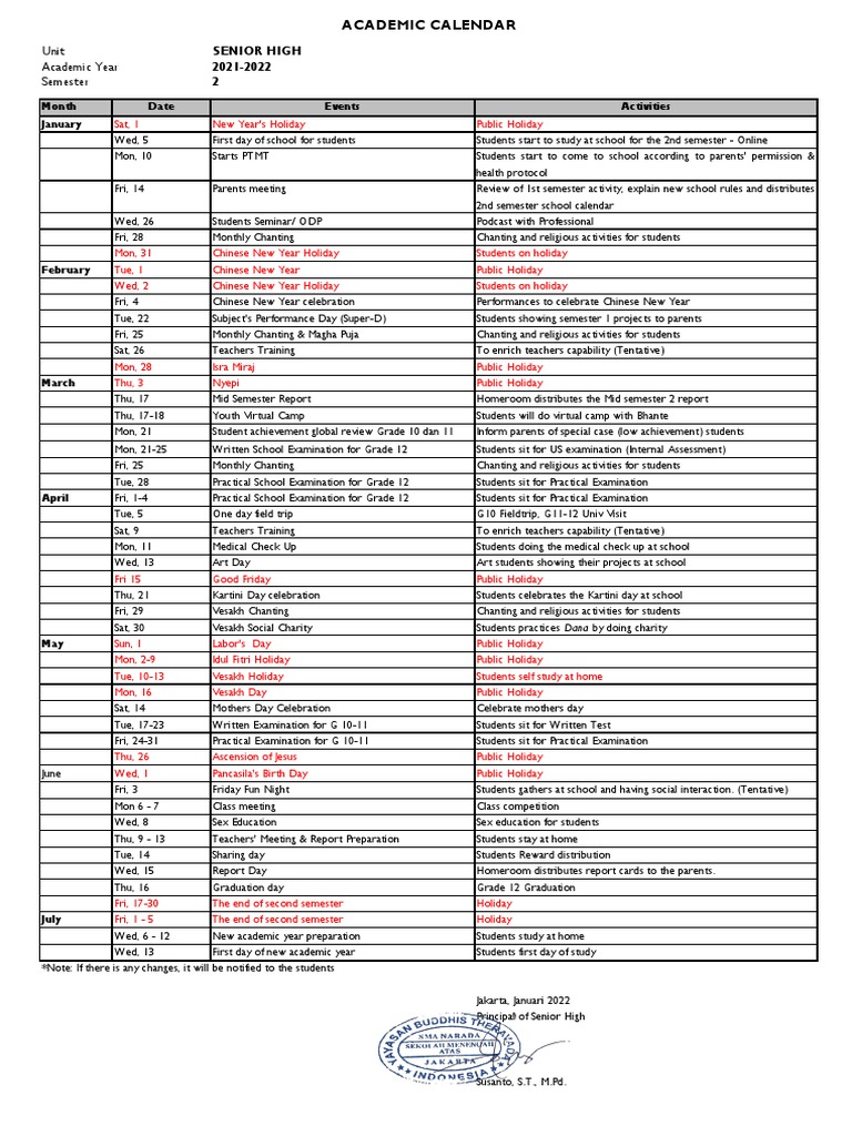 2021-2022 Semester 2 Academic Calendar | PDF | Academic Term