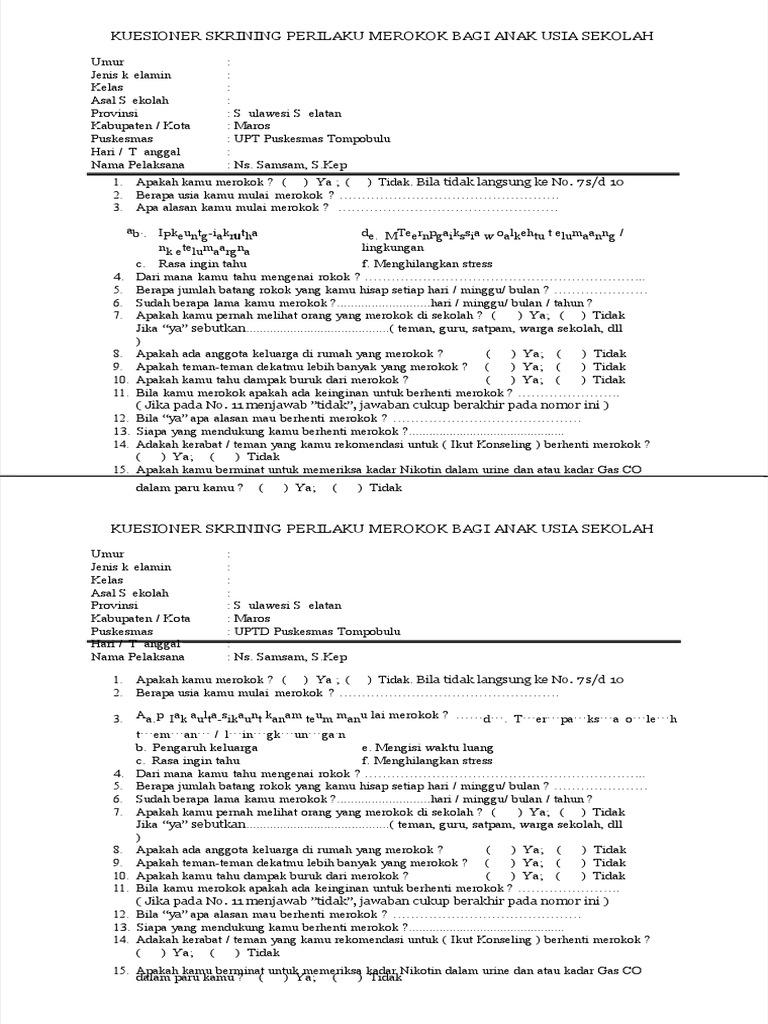 PDF Kuesioner Skrining Perilaku Merokok - Compress | PDF