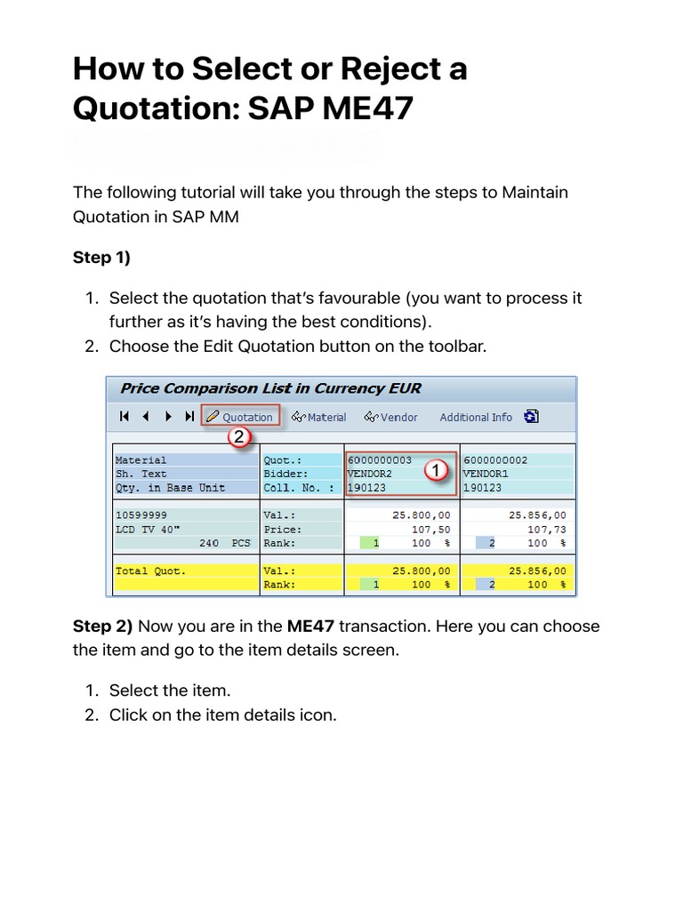SAP MM-How To Select or Reject A Quotation | PDF