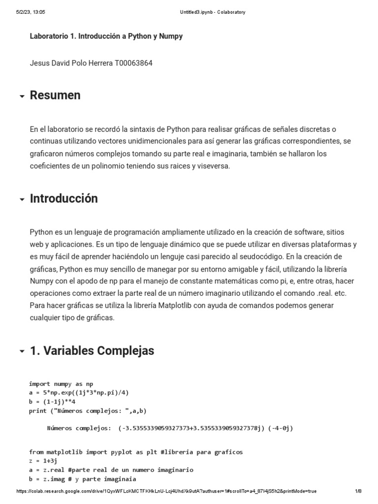 Untitled3.Ipynb - Colaboratory Lab 1 | PDF | Número complejo | Informática