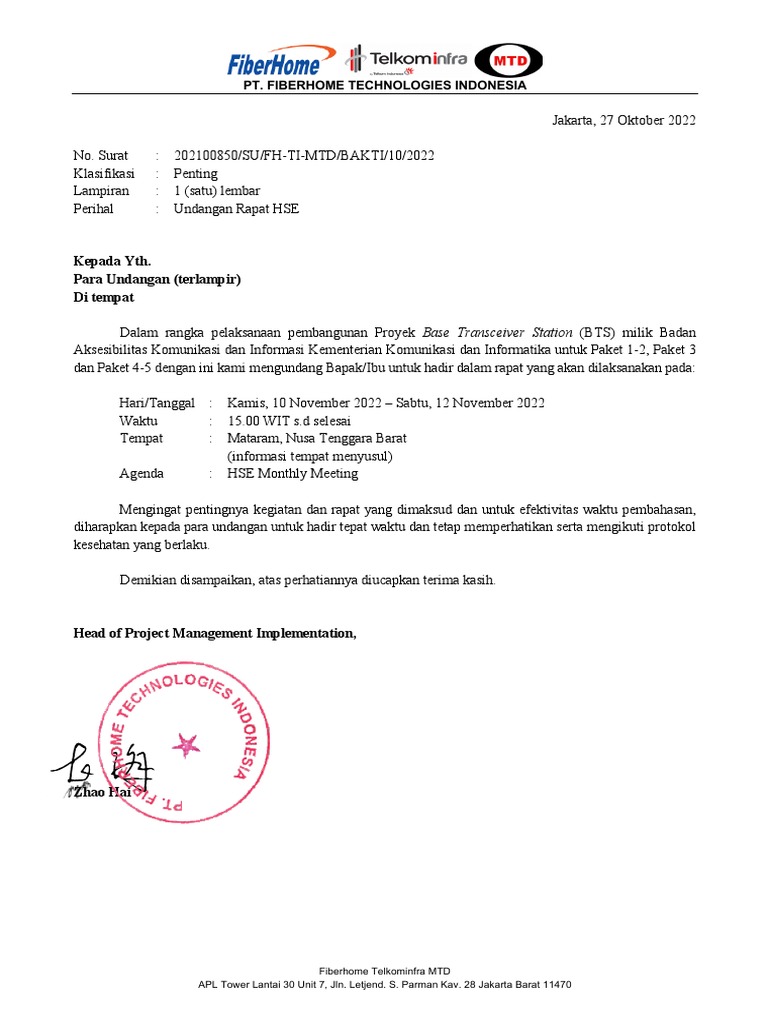 Surat Undangan HSE Monthly Meeting | PDF