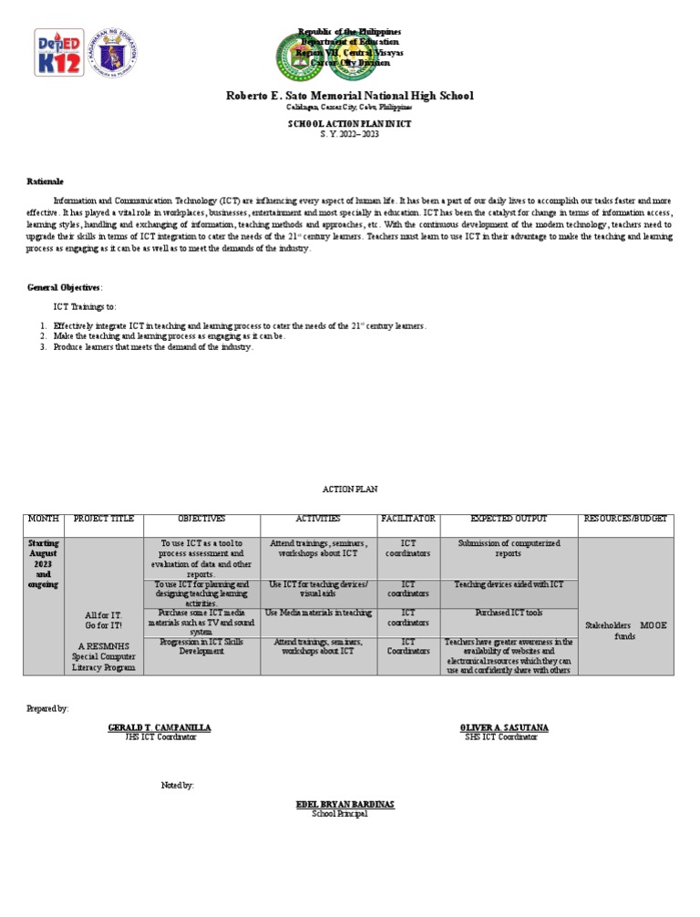 School Action Plan in Ict 2023 | PDF | Information And Communications ...