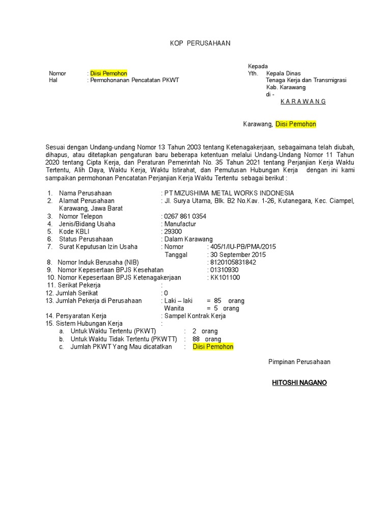 Permohonan Pencatatan PKWT | PDF