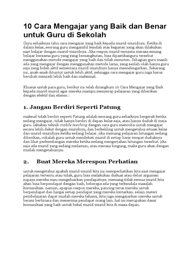 10 Cara Mengajar Yang Baik Dan Benar Untuk Guru Di Sekolah Pdf