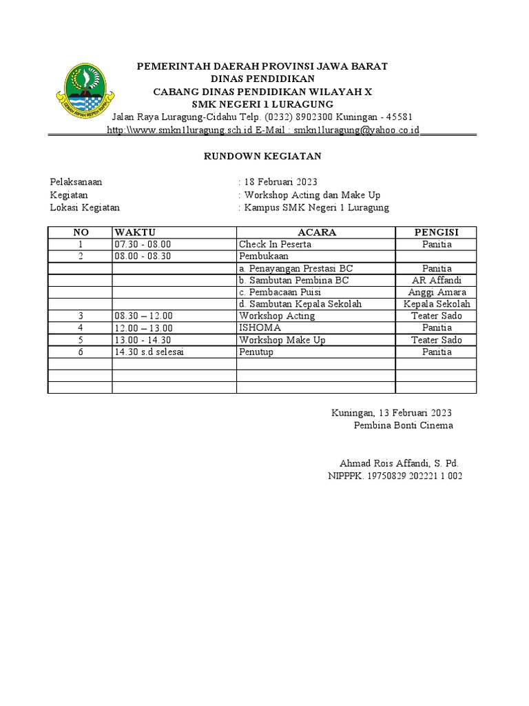 Rundown Workshop Acting dan Make Up | PDF