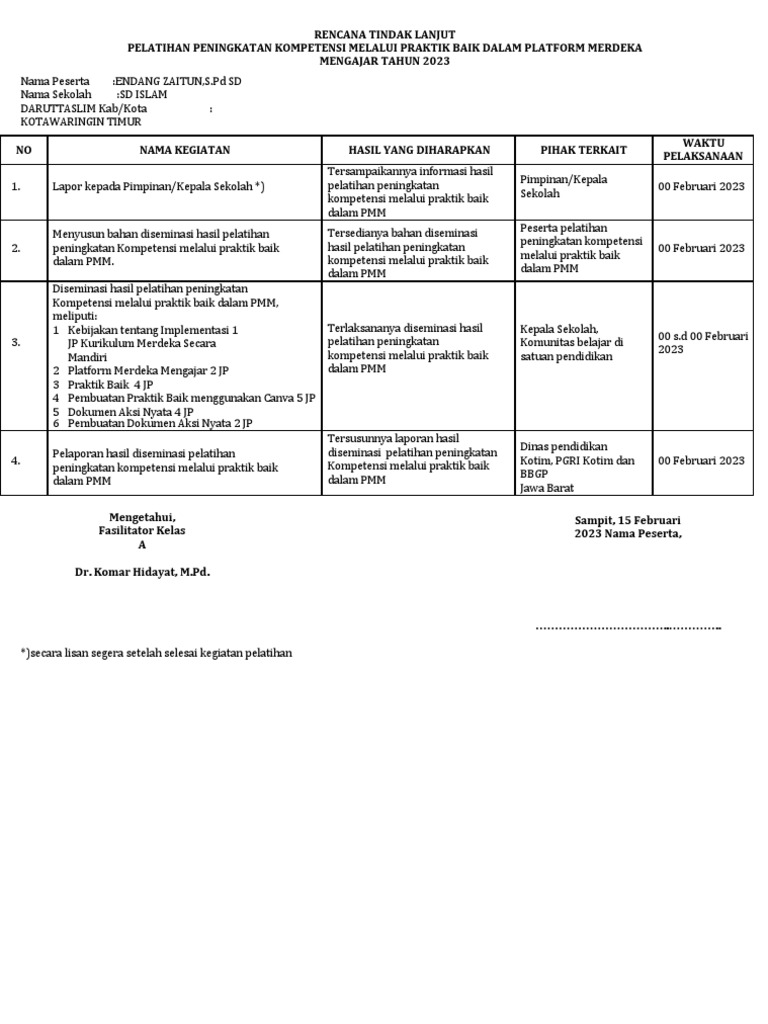 RTL-Pelatihan Peningkatan Kompetensi Melalui Praktik Baik Dalam PMM - OK | PDF
