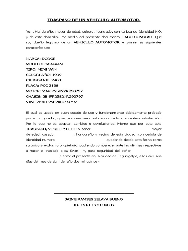 TRASPASO DE UN VEHICULO AUTOMOTOR LUIS Rubio | PDF