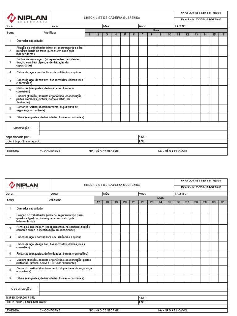 Fo-Cor-Sst-Ger-011 - Rev00 - Check List de Cadeira Suspensa | PDF Fo-Cor-Sst-Ger-011 - Rev00 - Check List de Cadeira Suspensa | PDF