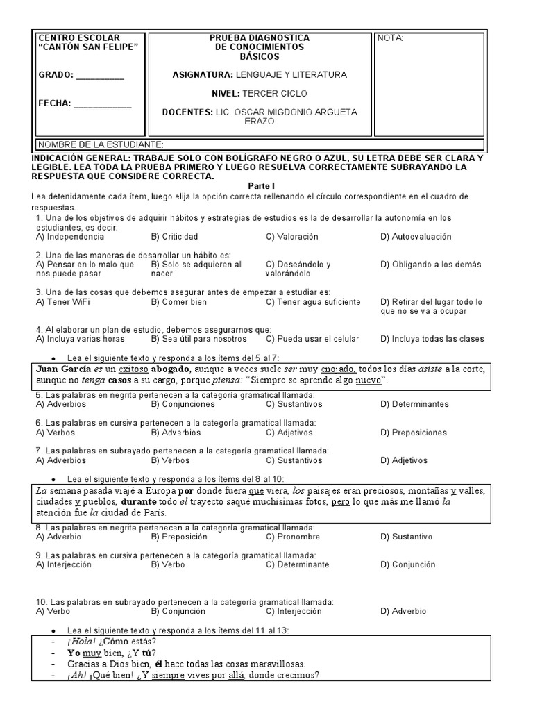 Prueba Diagnostica de 3er Ciclo - 075305 | PDF | Parte del discurso ...
