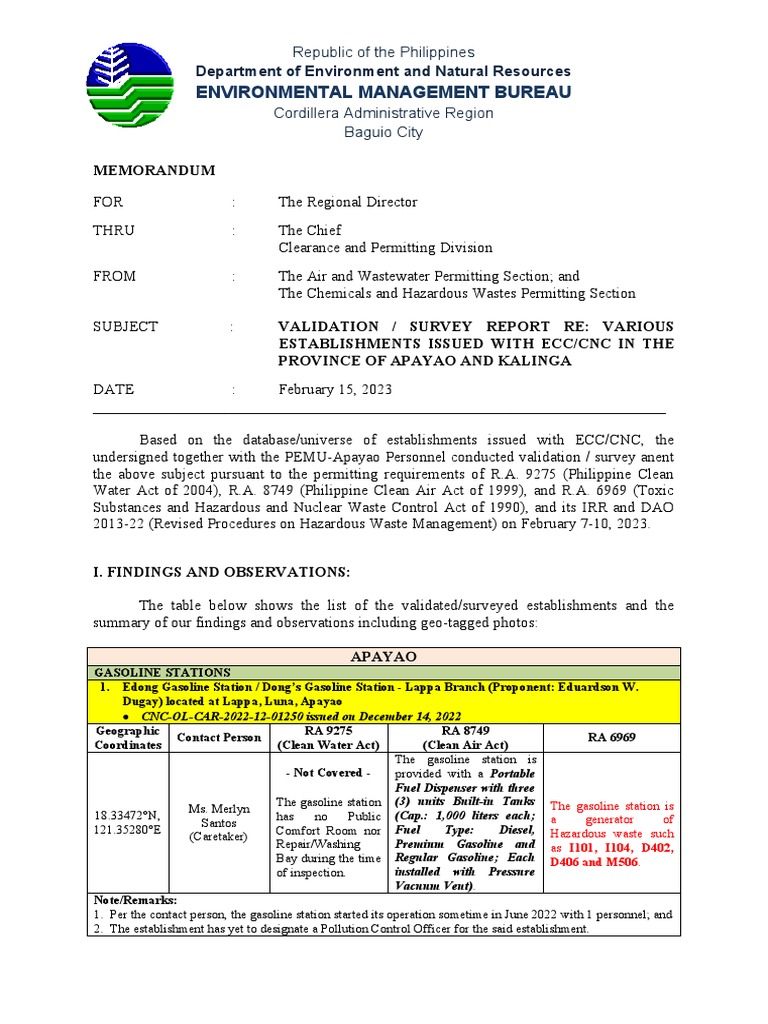 Validation Report on ECC/CNC Establishments | PDF | Filling Station ...