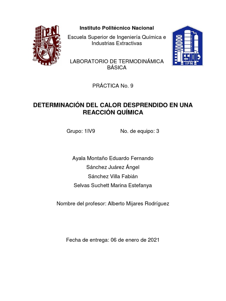 Practica 9 Lab Termodinamica | PDF | Entalpía | Mole (Unidad)