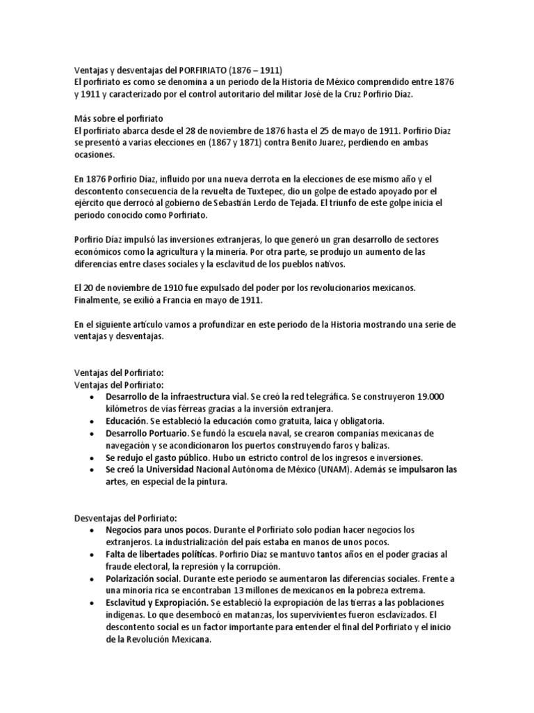 Ventajas y Desventajas Del PORFIRIATO | PDF | México | Economias