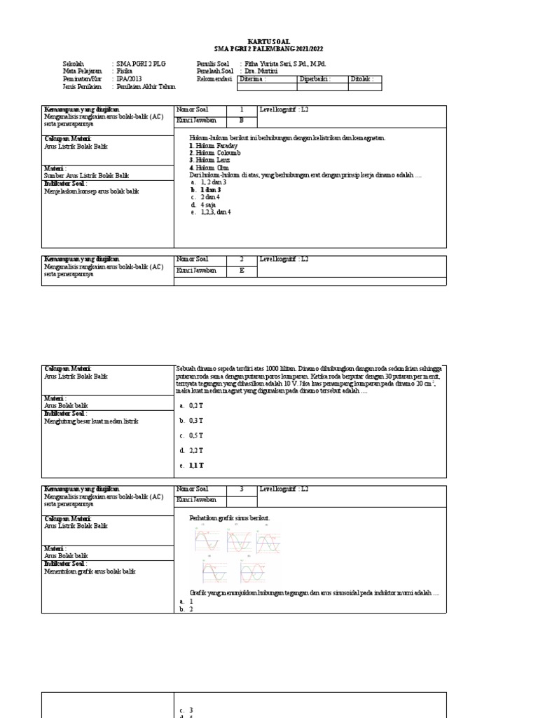 Kartu Soal Dan Kisi-Kisi Pat Fisika 2022 | PDF