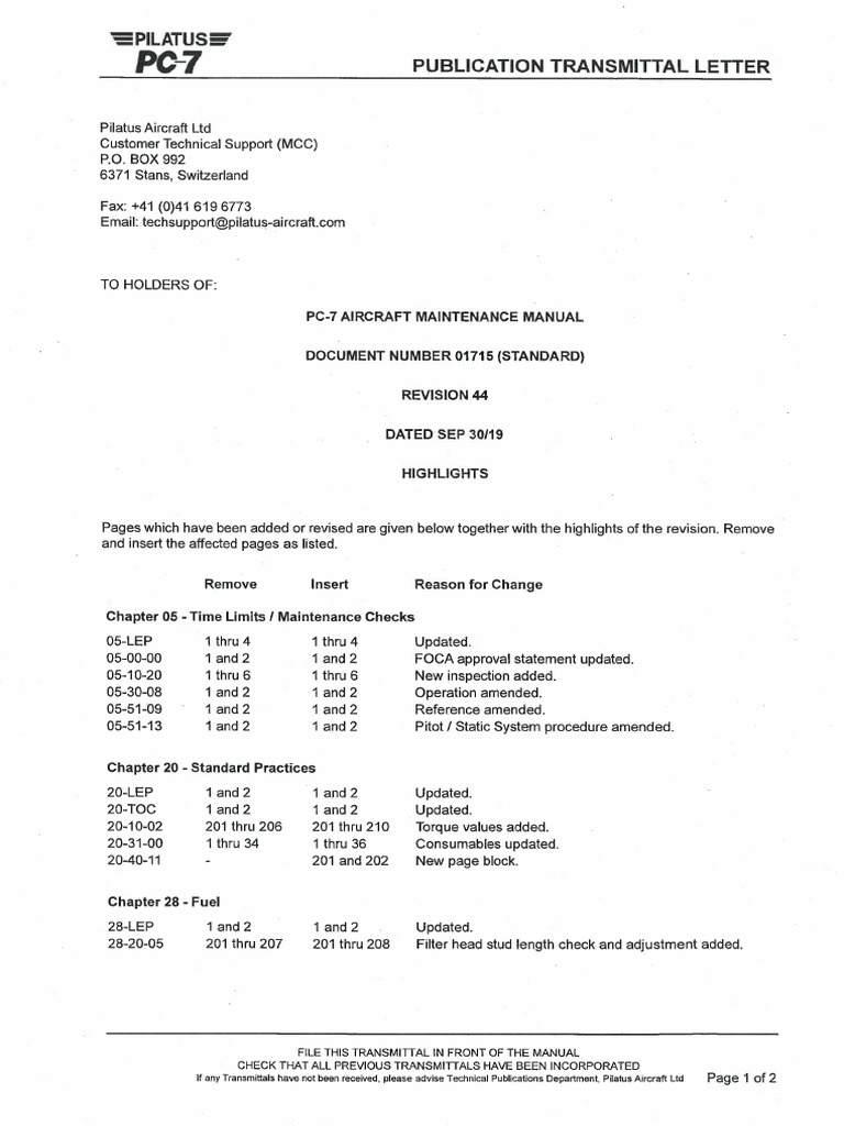 PC-7 AMM Document Number 01715 R44 | PDF | Transport | Aircraft
