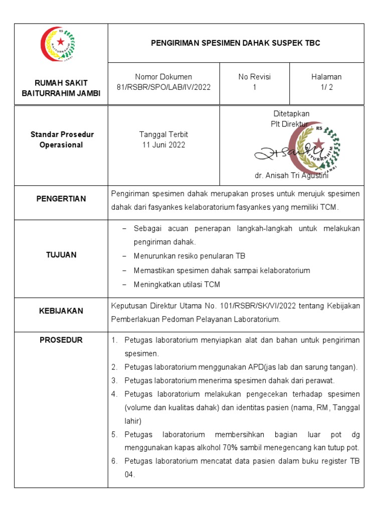 Prosedur Pengiriman Spesimen Dahak TBC | PDF
