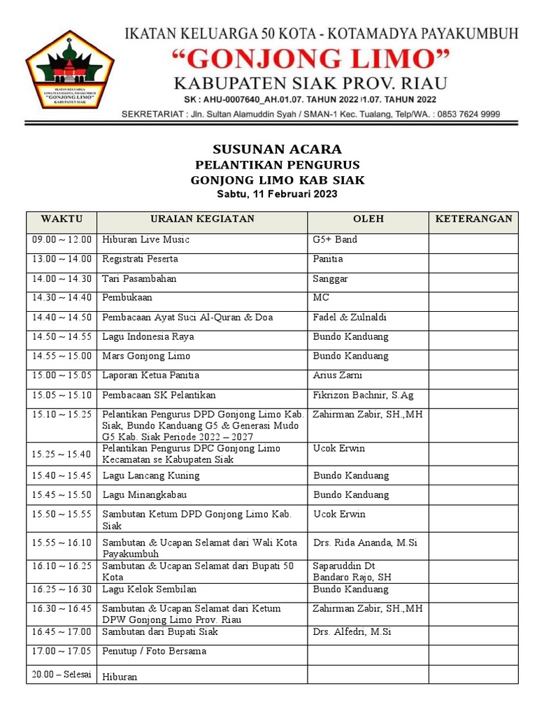 Susunan Acara Pelantikan Gonjong Limo | PDF