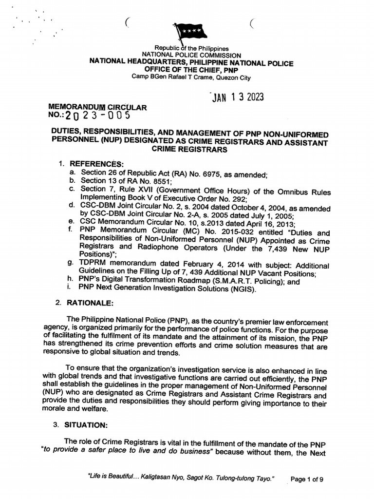 PNP MC No. 2023-005 'Duties, Responsibilities, and Management of PNP Non-Uniformed Personnel ...