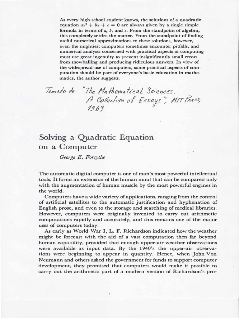 Solving A Quadratic Equation On A Computer 1966 Forsythe | PDF ...