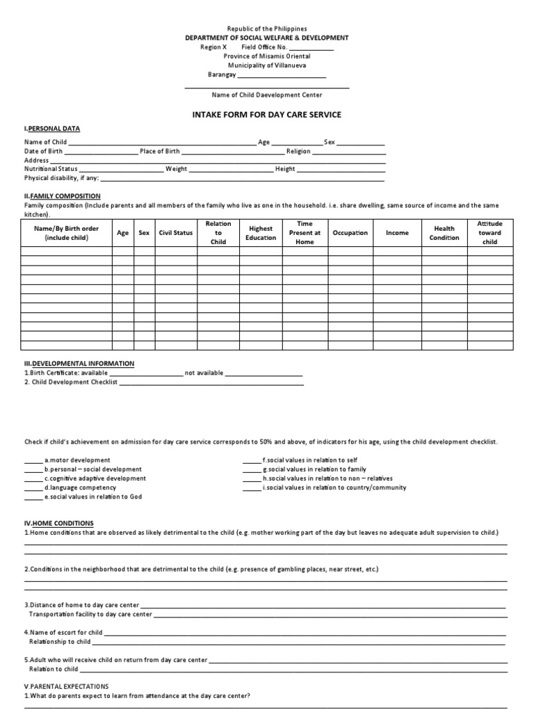 Intake Form | PDF | Child Care | Child Development