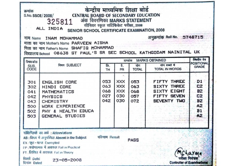 12th Marksheet | PDF