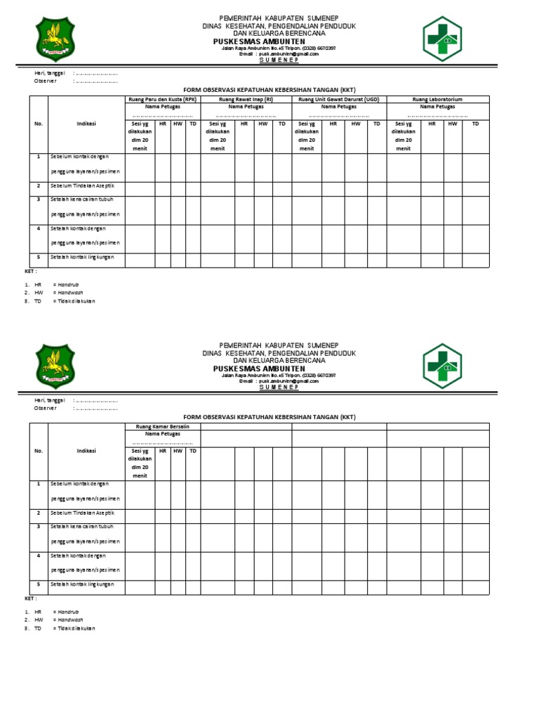 Form Observasi Kepatuhan Kebersihan Tangan (KKT) 2023 | PDF